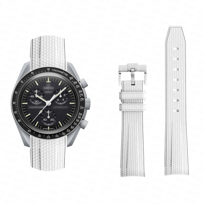 Curved End Rubber Textured Strap for MoonSwatch/Speedmaster - White ...
